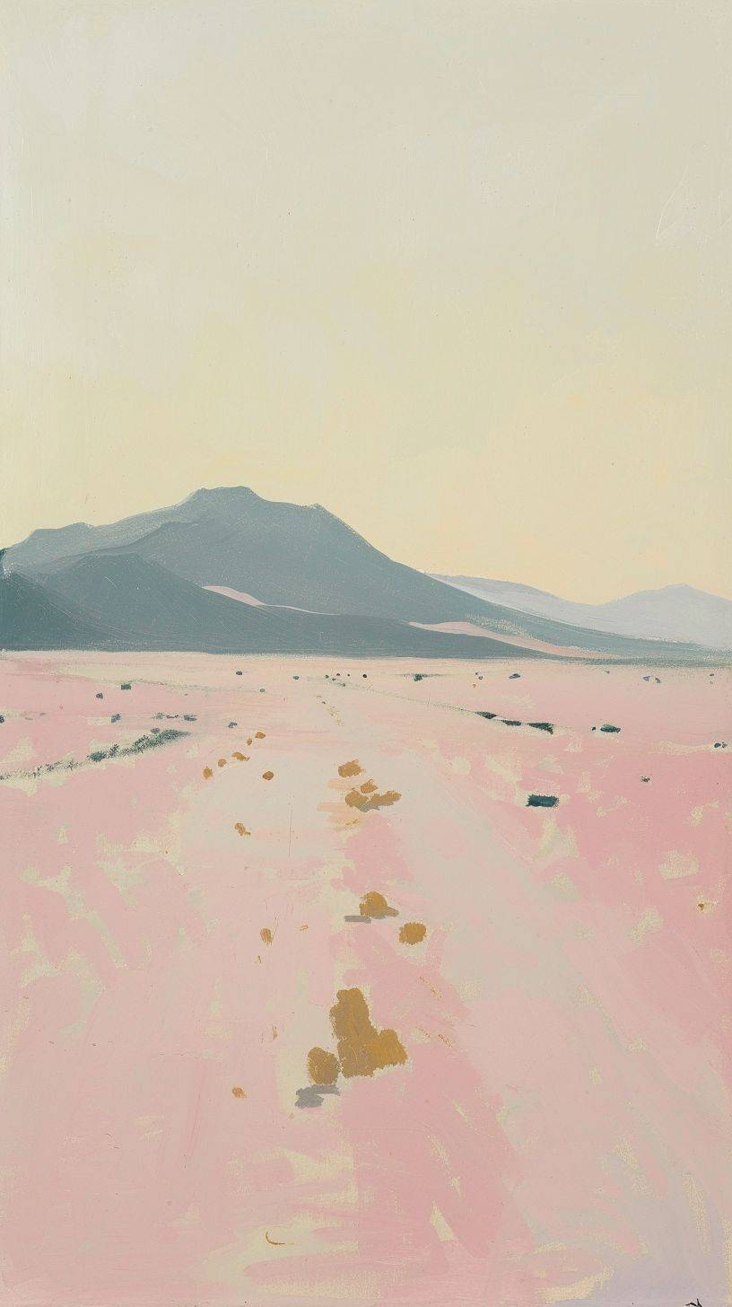 A row of cachi in the desert, light pink colors, rough painting, simple ...