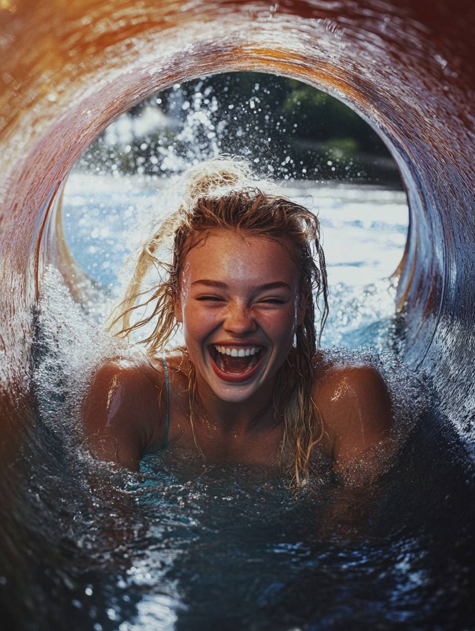 A woman joyfully emerges from a metallic water slide into water ...