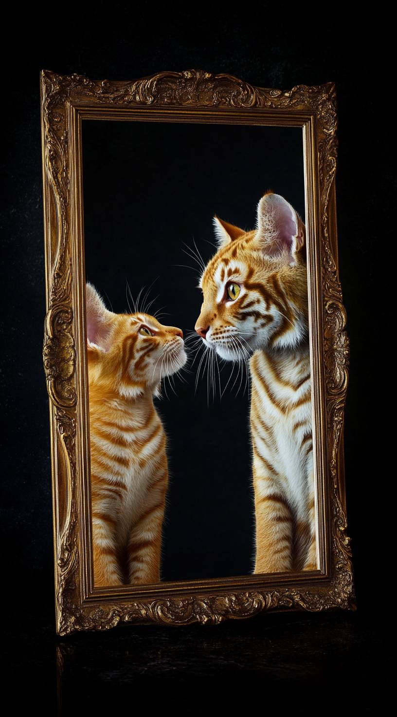 Small orange cat sees a huge tiger reflection in the mirror. - MusesAI.io
