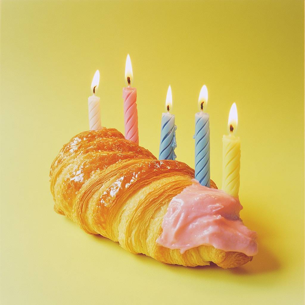 Pink croissant with candles, pastel yellow background. - MusesAI.io