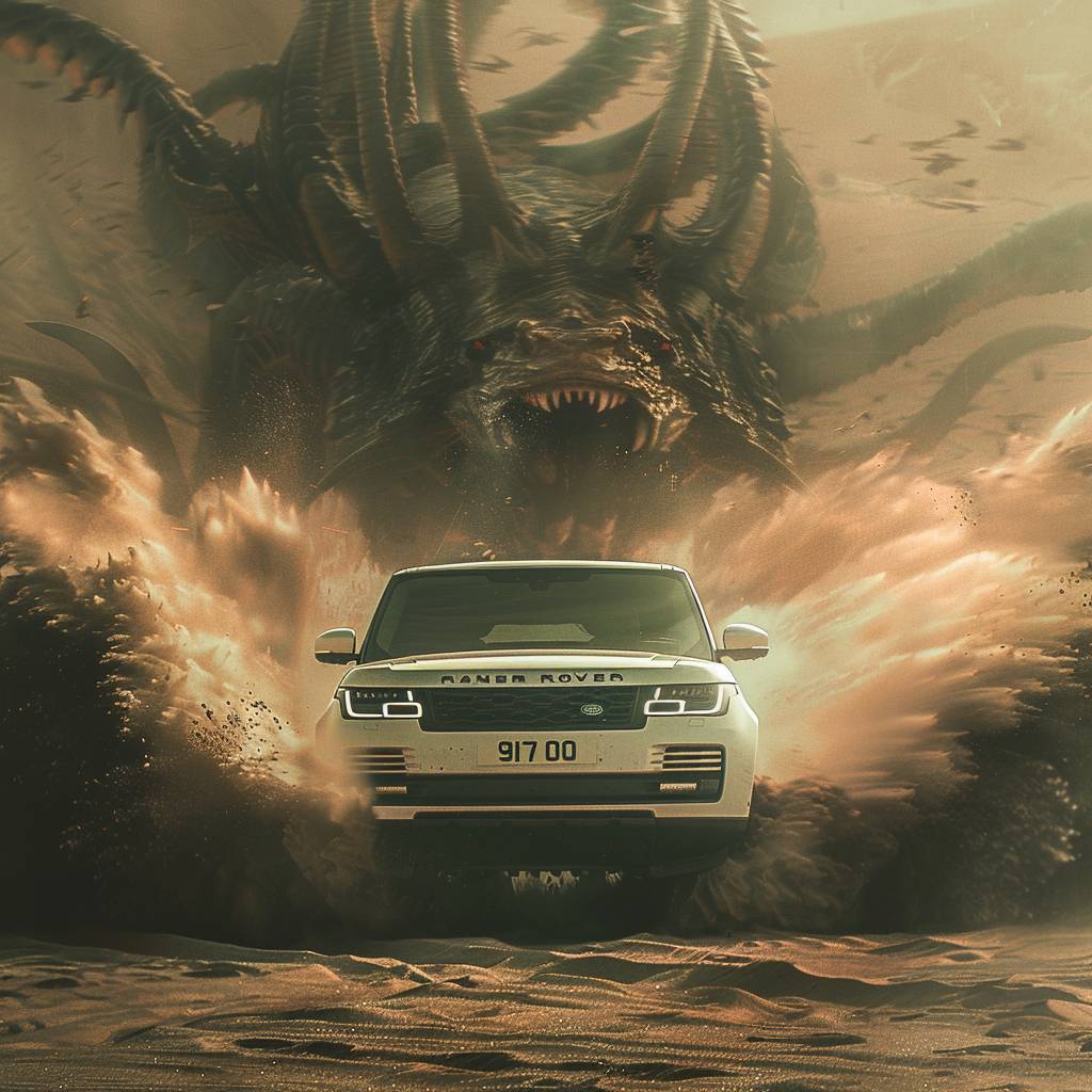 A white Range Rover is surrounded by giant sandworms in a dark desert ...