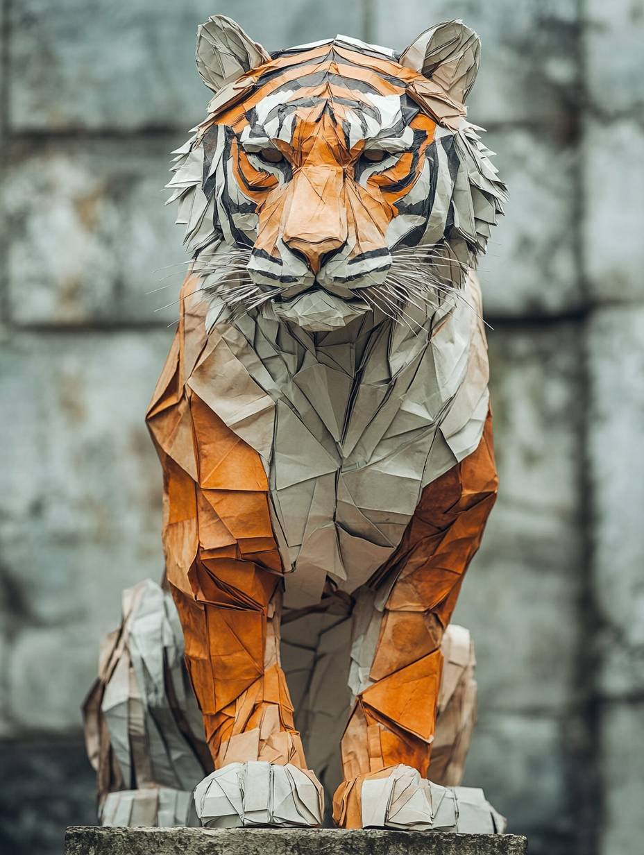 A majestic tiger made of wrinkled and faded paper pieces. - MusesAI.io