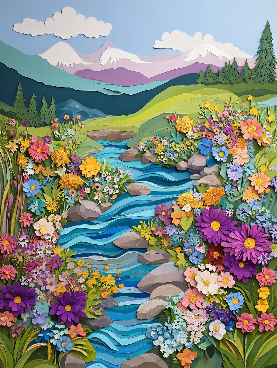 꽃밭의 부드러운 개천을 묘사한 3D 층상 종이 디자인. - MusesAI.io