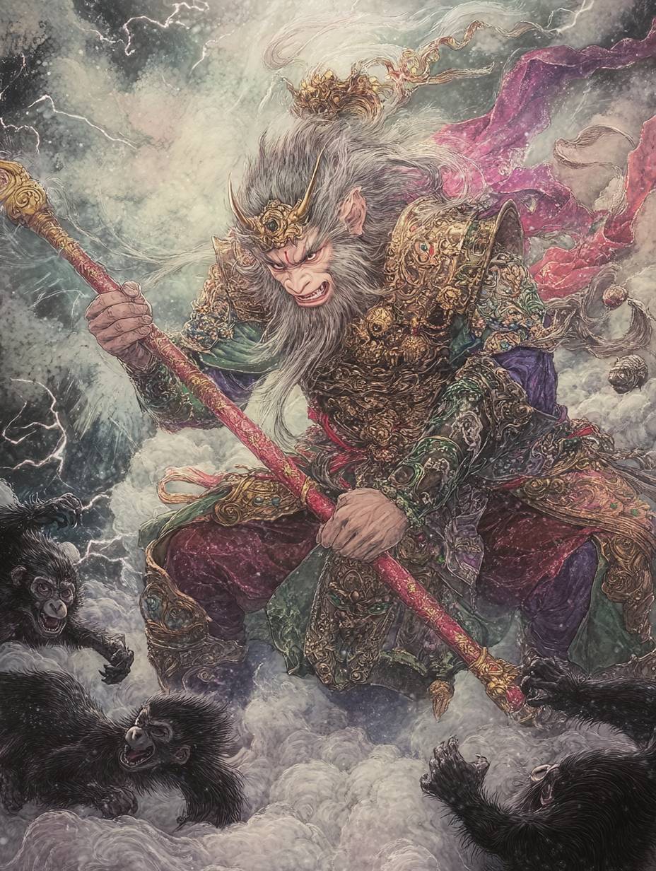 A detailed painting of the Monkey King from the Chinese fairy tale Journey to the West, standing ...