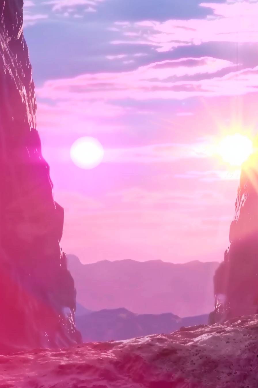 An alien landscape with strange rock formations and two suns setting ...