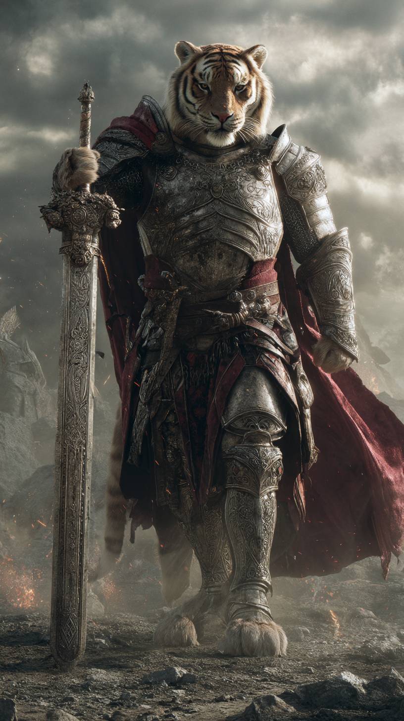 An anthropomorphic tiger warrior in full armor stands on a war-torn ...