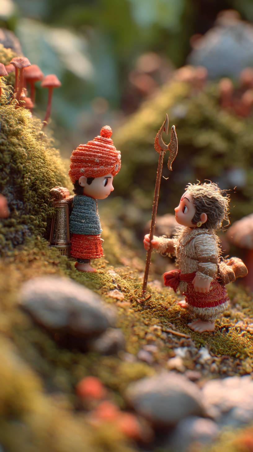 작은 신 라엄이 정글에서 하누만을 만나는 픽사 3D 애니메이션 스타일. - MusesAI.io