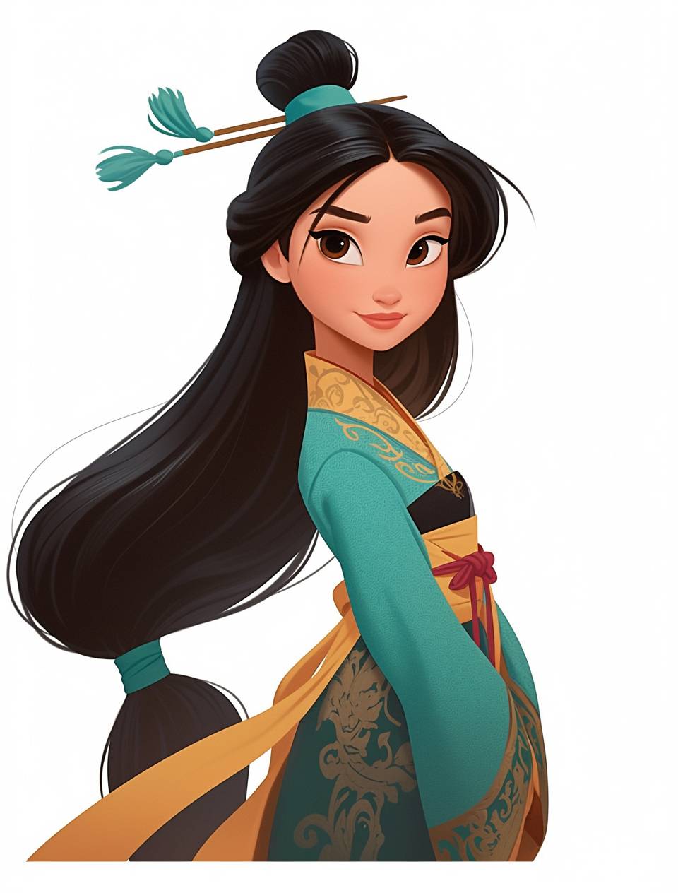 Disney princess with black hair and yellow sash, dressed in ancient ...
