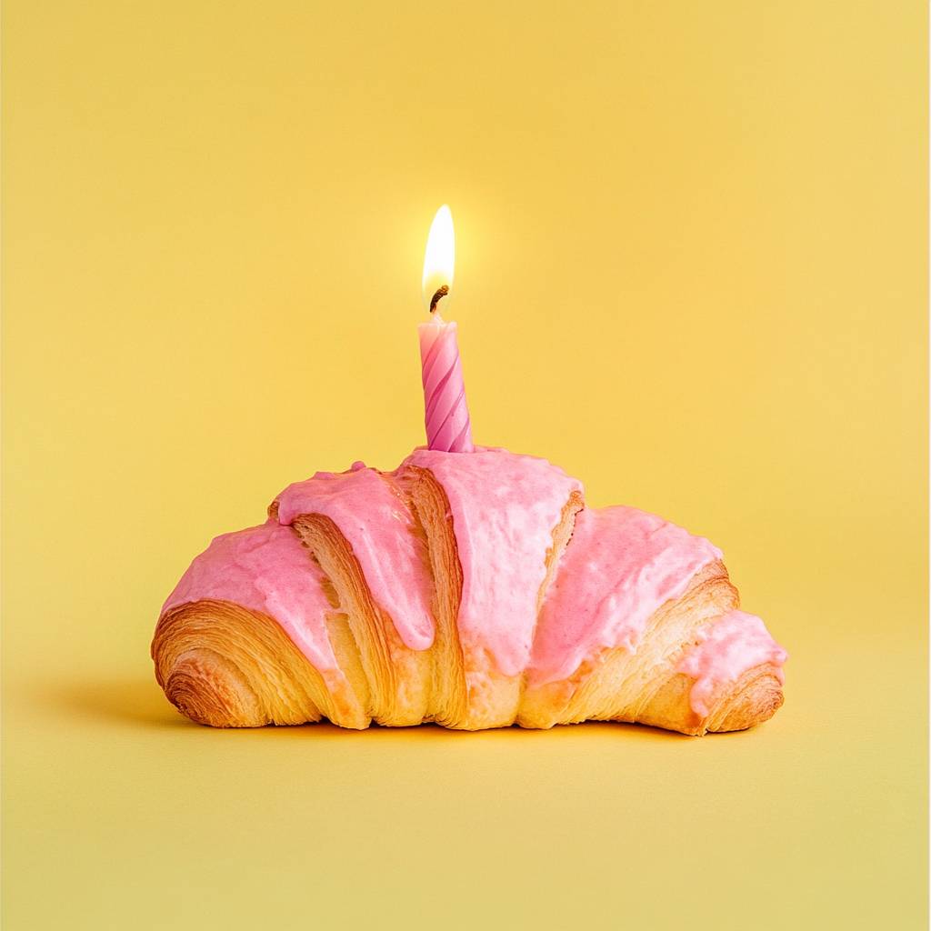 Pink croissant with candles, pastel yellow background. - MusesAI.io