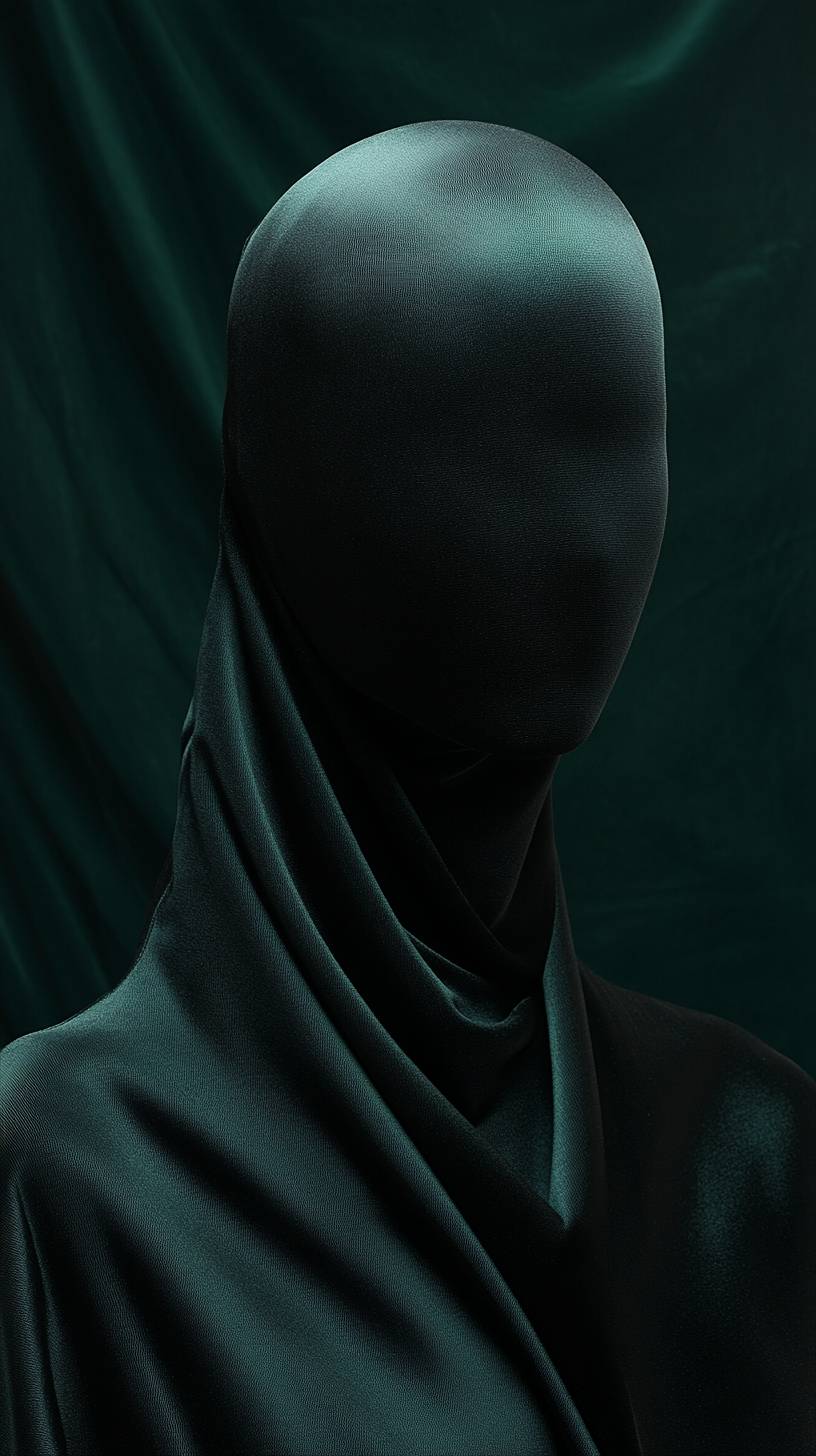 Hyper-realistic portrait of a simplified head and torso in dark green ...