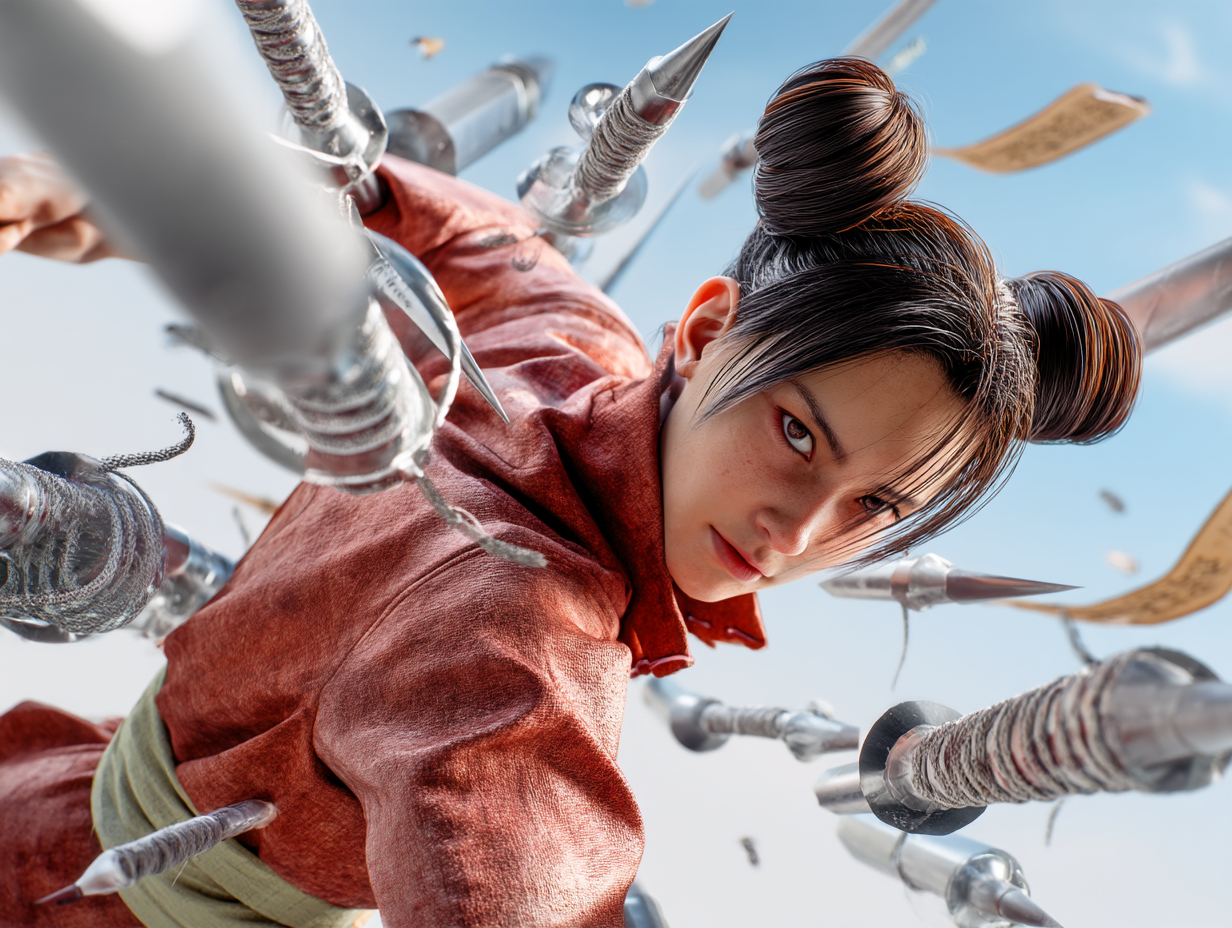 A hyper-realistic 3D rendered image of Tenten from Naruto as a weapons ...