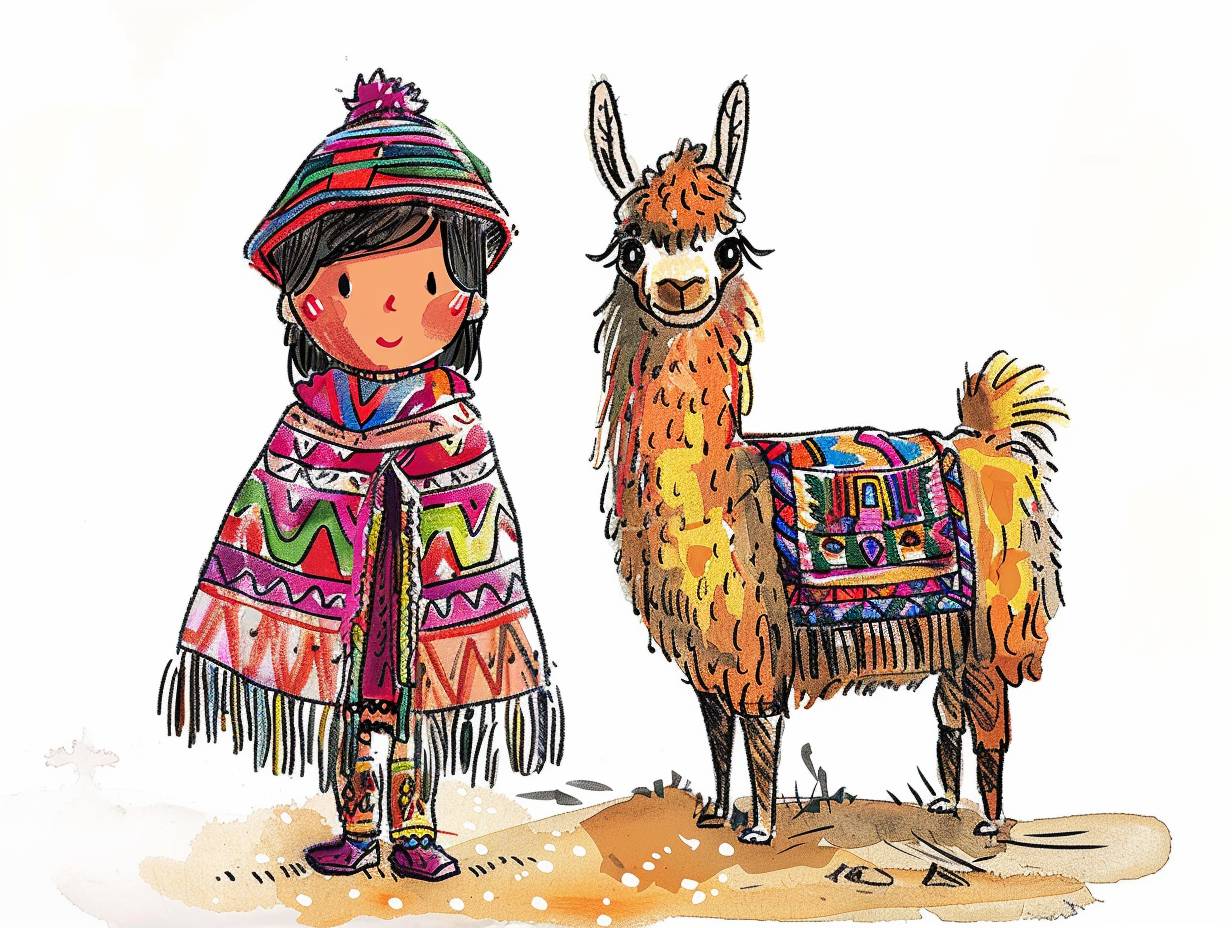 Dibujo a mano de estilo de cartoon de una niña quechua y su llama, con ...