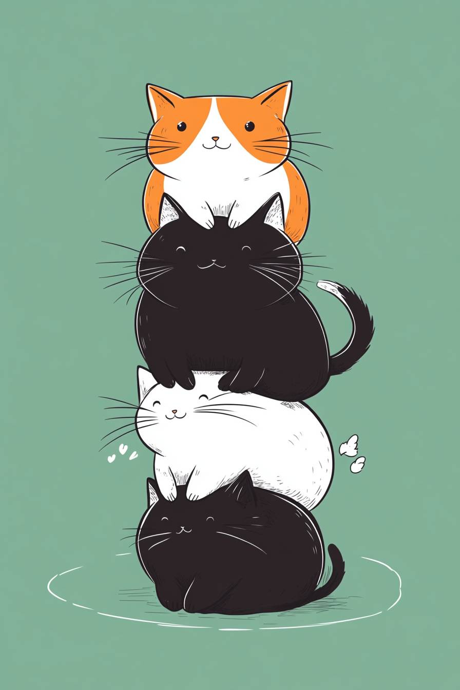 Yeoniu Choi的艺术风格以简单的线条画和可爱的卡通形象为特征，包括黑白小猫、橙白小猫和银黑色仓鼠。 - MusesAI.io