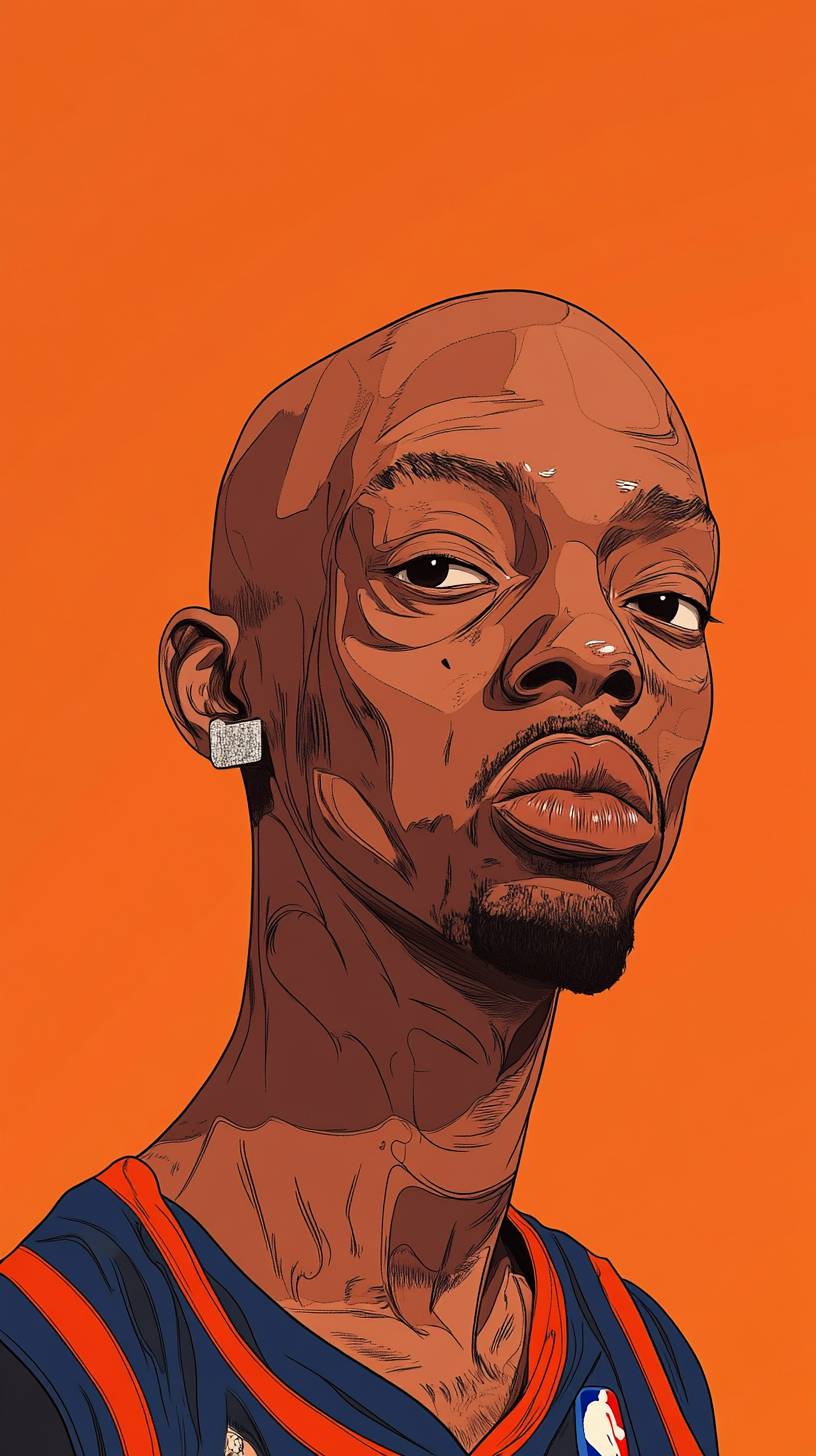 Mature bald rapper Phife Dawg wearing a basketball jersey - MusesAI.io