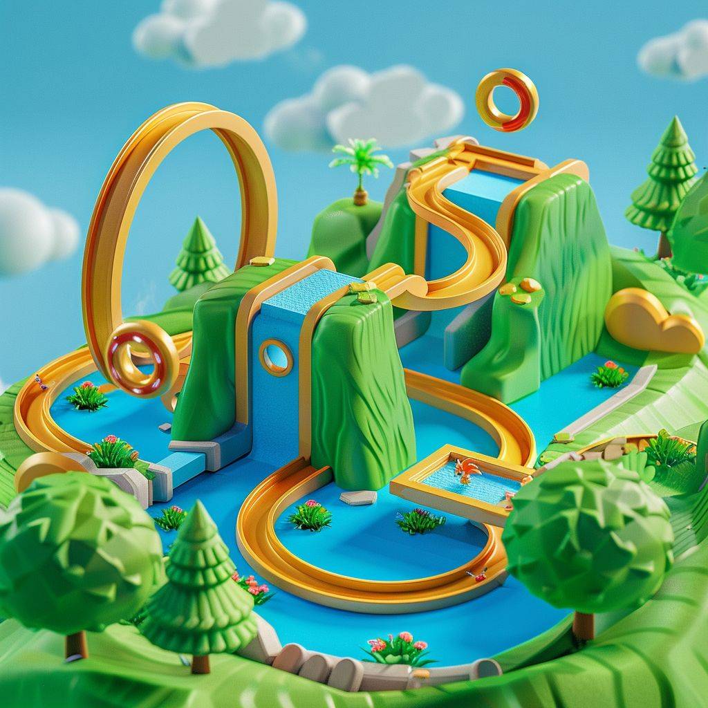 3D isometric illustration of Sonic's Green Hill Zone featuring loop-de ...