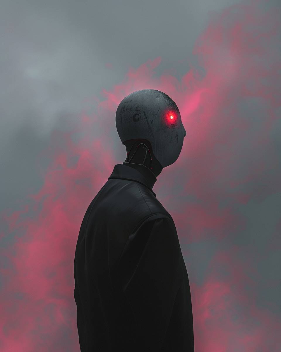 A minimalist and simple surreal scene depicting an evil Android man ...