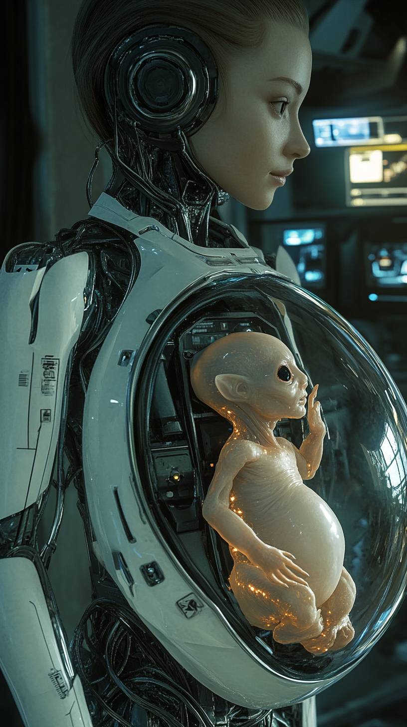 A high-tech female robot with a transparent belly housing an alien ...