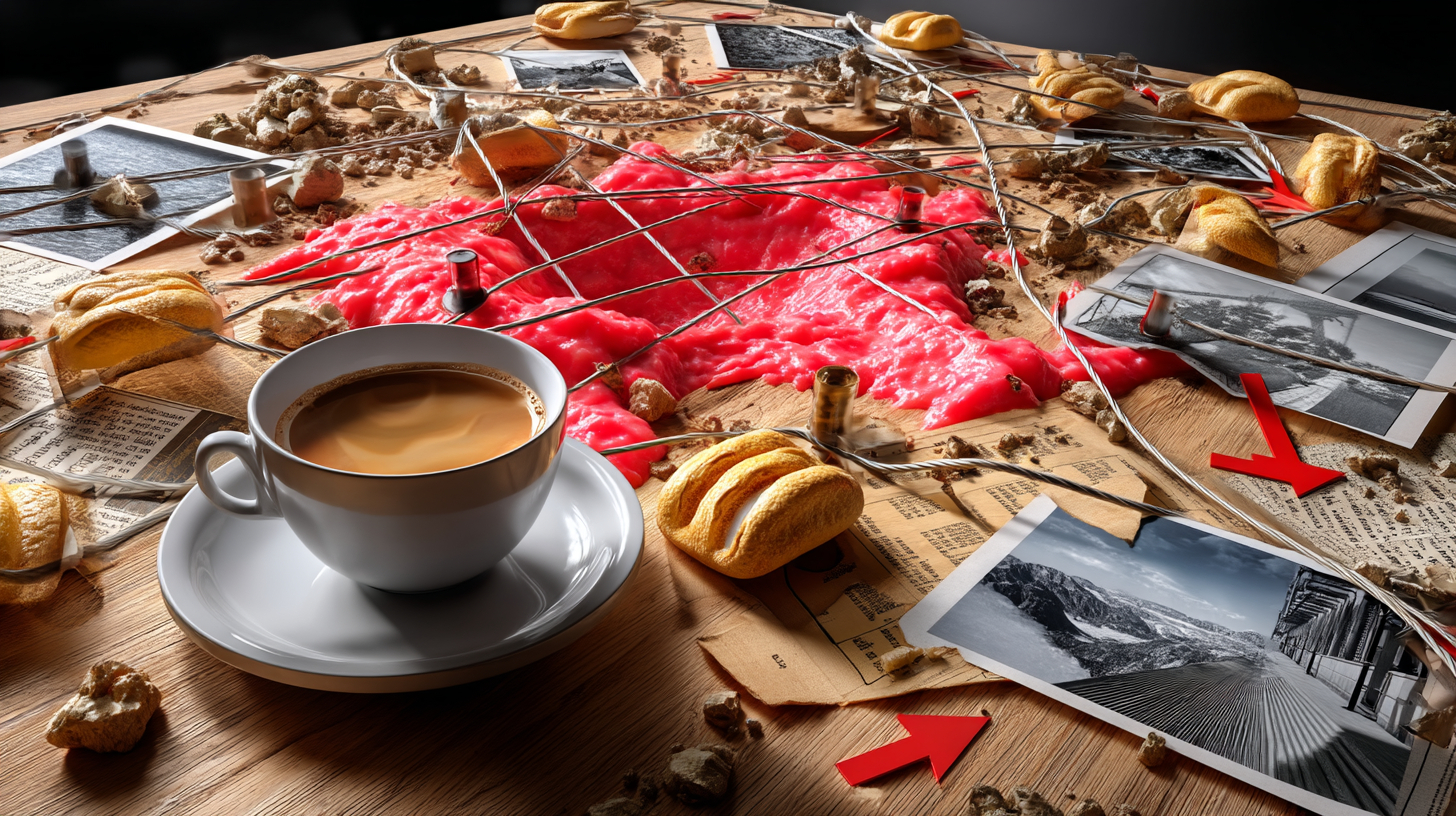 A chaotic detective board with string connections, pinned photos, and ...