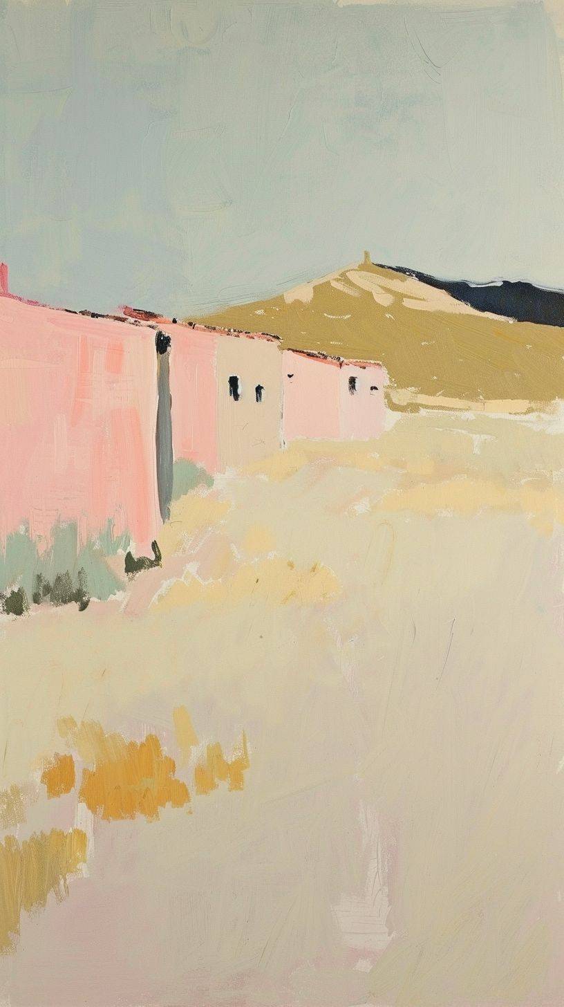 A row of cachi in the desert, light pink colors, rough painting, simple ...