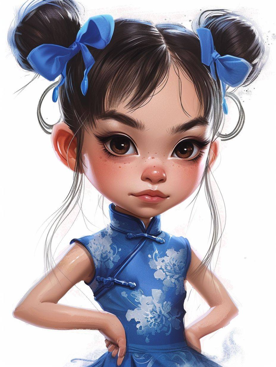 스트리트 파이터 캐릭터 청리의 과장된 캐리커처 5세 여성 격투 강사의 전신 초상 특징적인 파란색 치파오를 입고 두 개의 파란 리본으로 묶인 머리를 가진 자연스러운