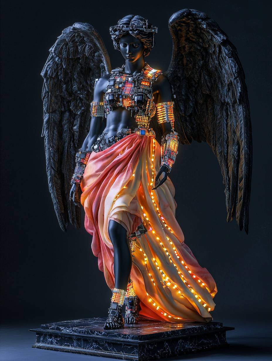 A hyper-realistic black marble cyborg woman angel wearing a colorful ...