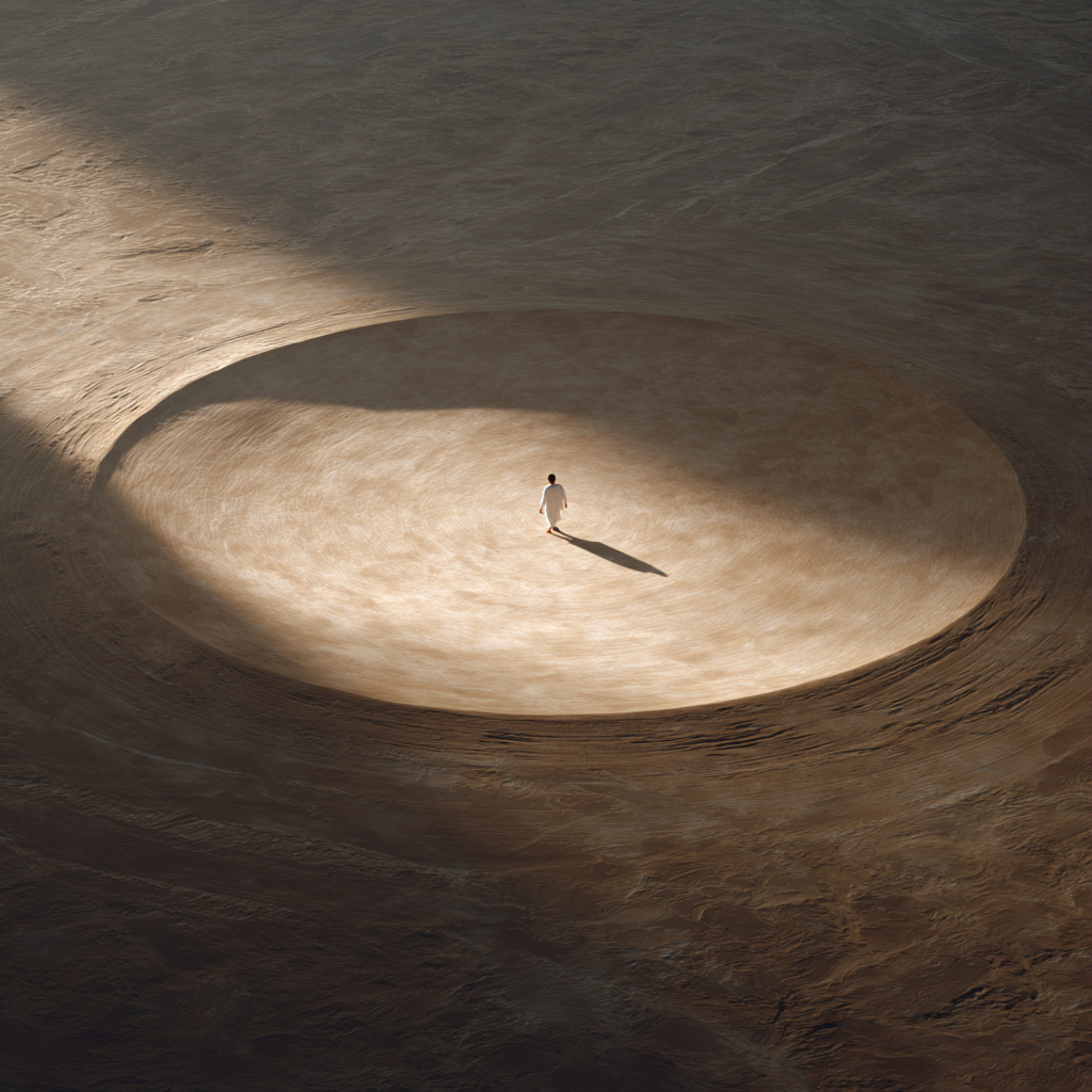 A tiny figure dances in the middle of a circular sand pattern with ...