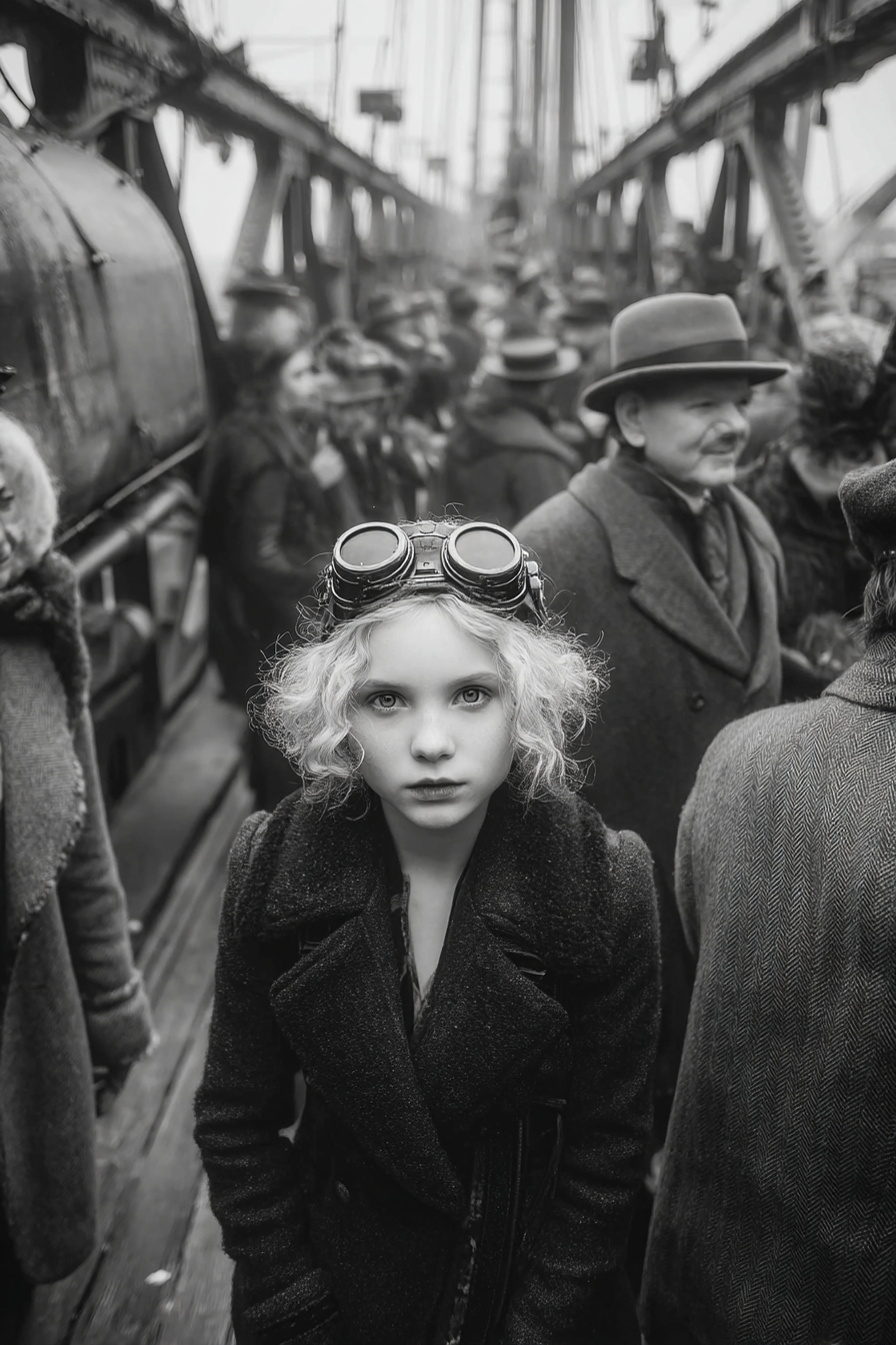 A blonde girl in steampunk attire stands on a futuristic bridge in a ...