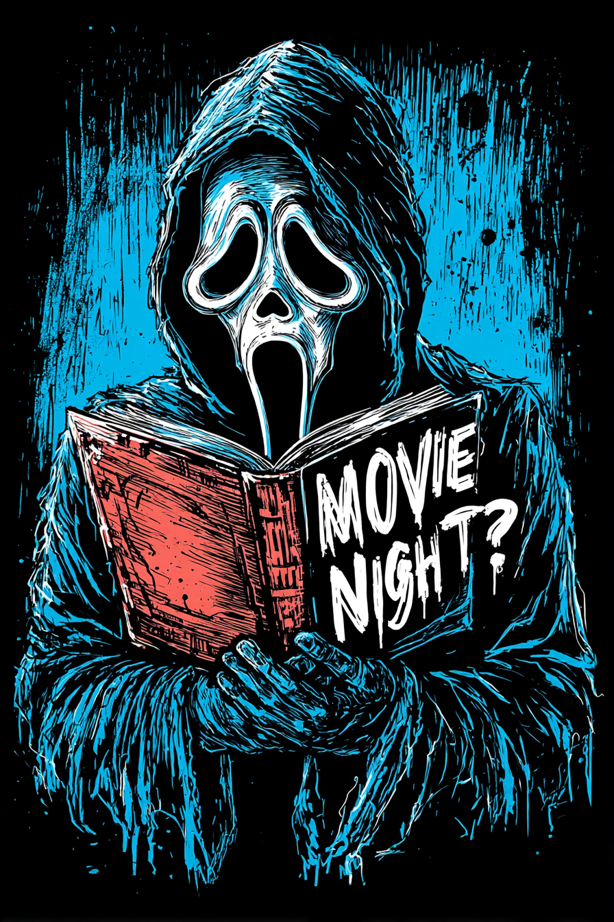 Ghostface holding a VHS tape on a black background - MusesAI.io