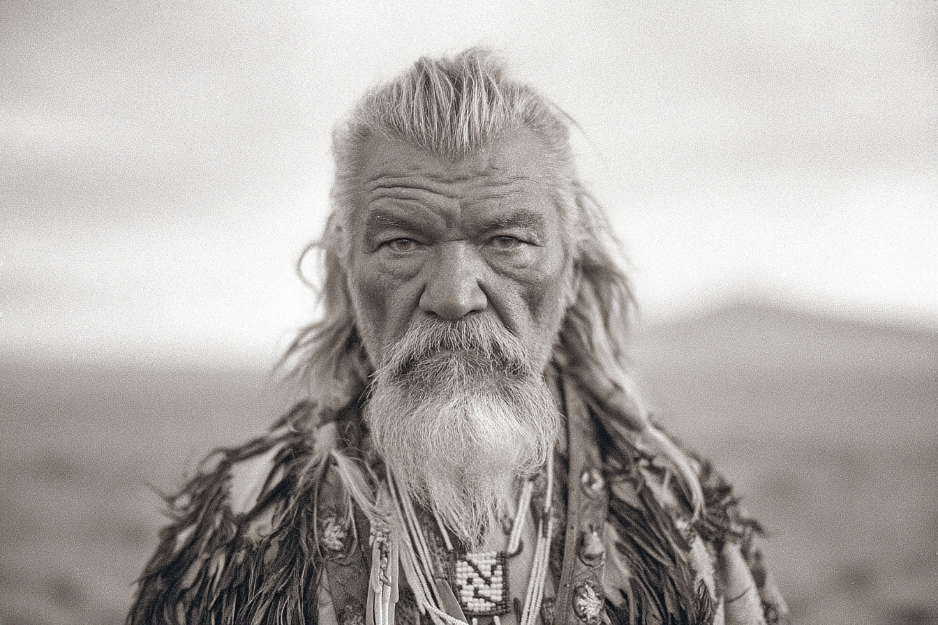 Documentary photo of an elderly Apache Indian warrior in traditional ...