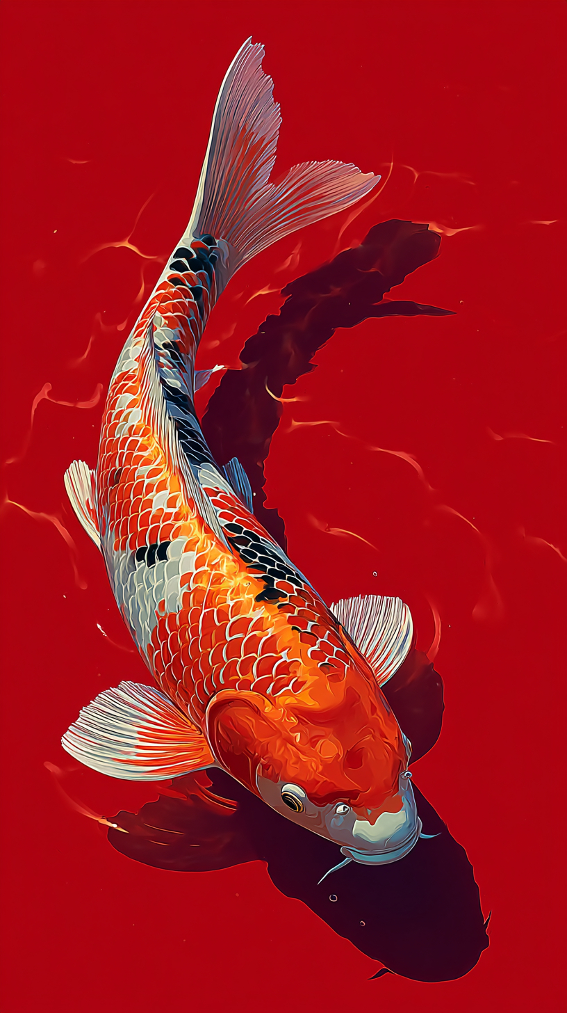 A brightly colored koi fish swims against a red background - MusesAI.io