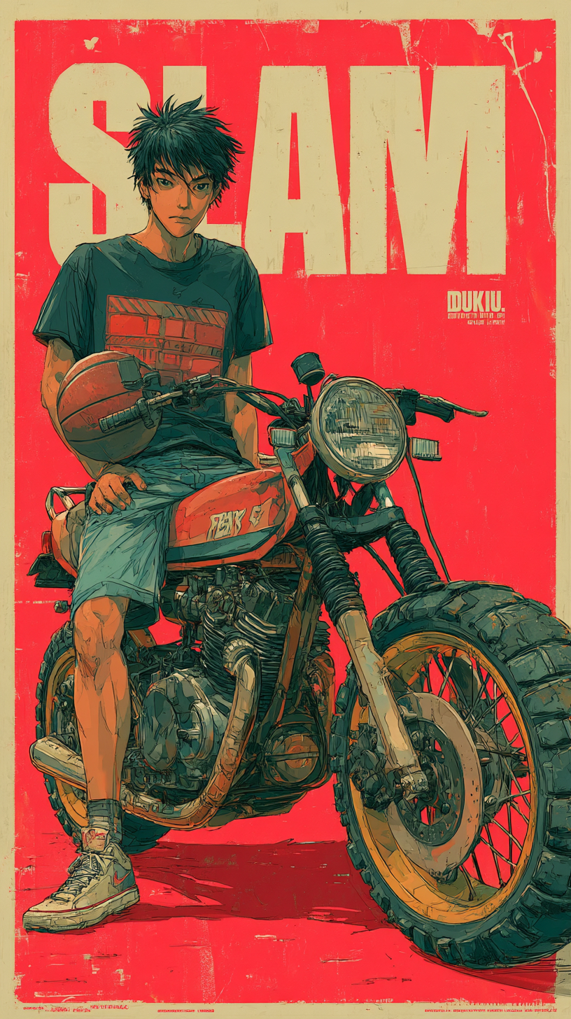 Rukawa Kaede from Slam Dunk sits on a vintage cafe racer motorcycle ...